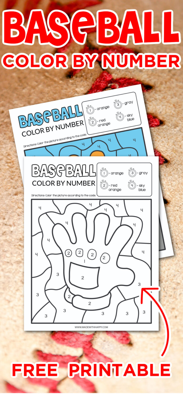 FREE Baseball Color By Number Printable - Made with HAPPY