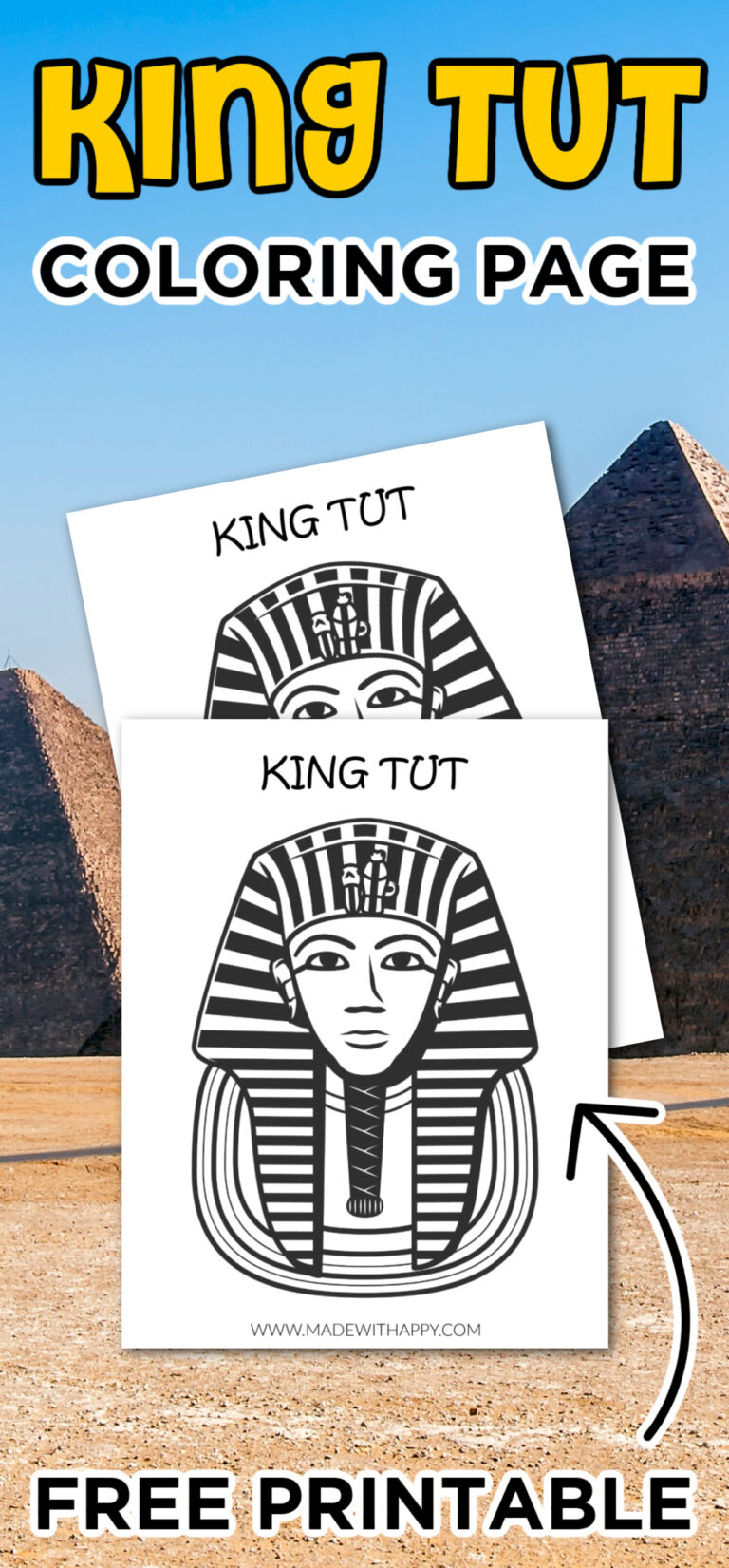 FREE King Tut Coloring Page - Tutankhamun Mask - Made with HAPPY