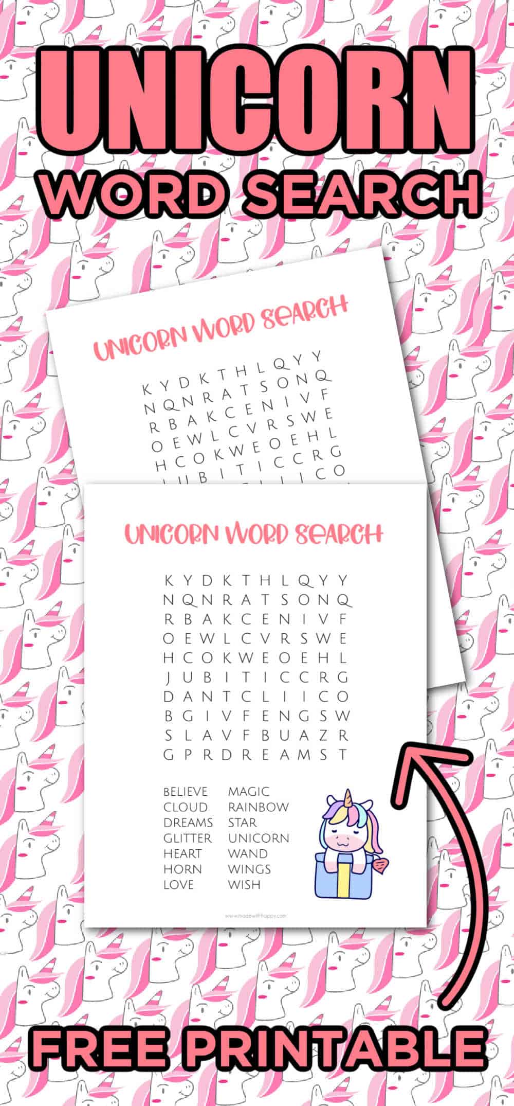Unicorn Word Search - Made with HAPPY