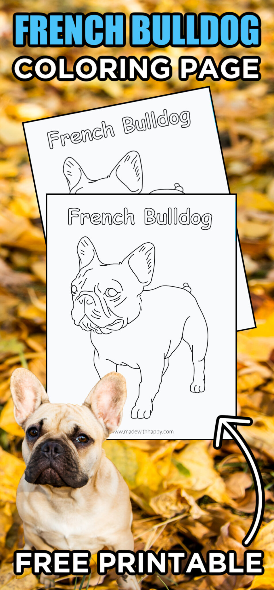 Free Printable French Bulldog Coloring Page - Made with HAPPY