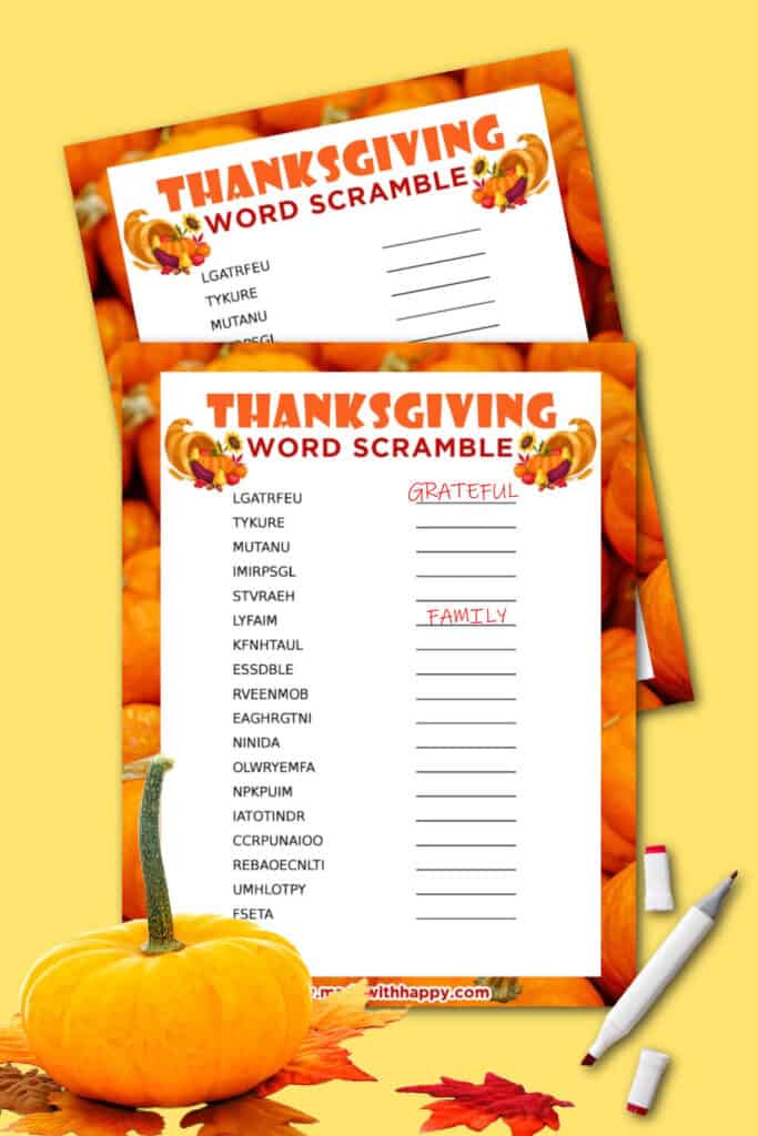 Free Printable Thanksgiving Word Scramble - Made with HAPPY